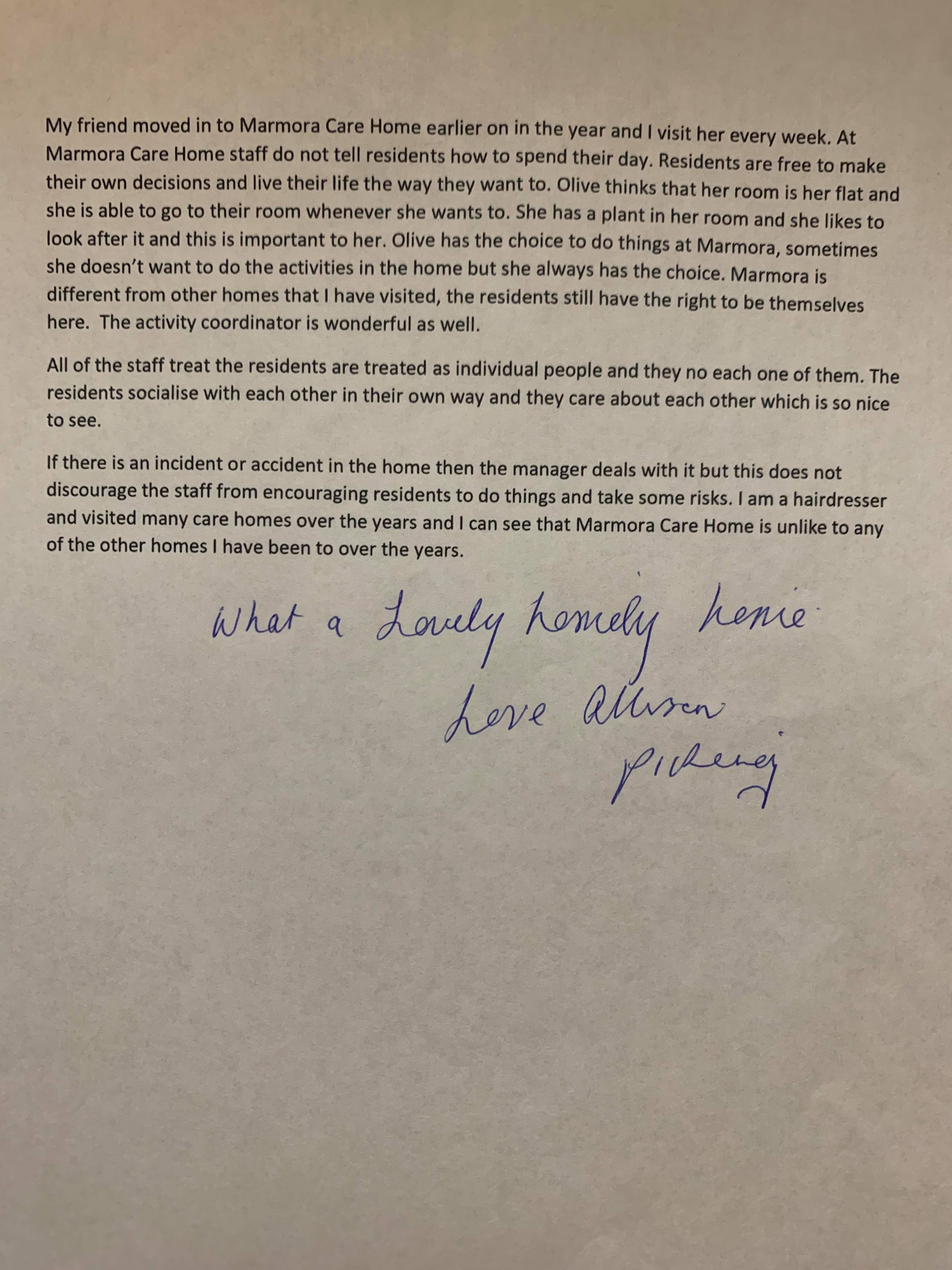 Compliments - Marmora Care Home Clacton